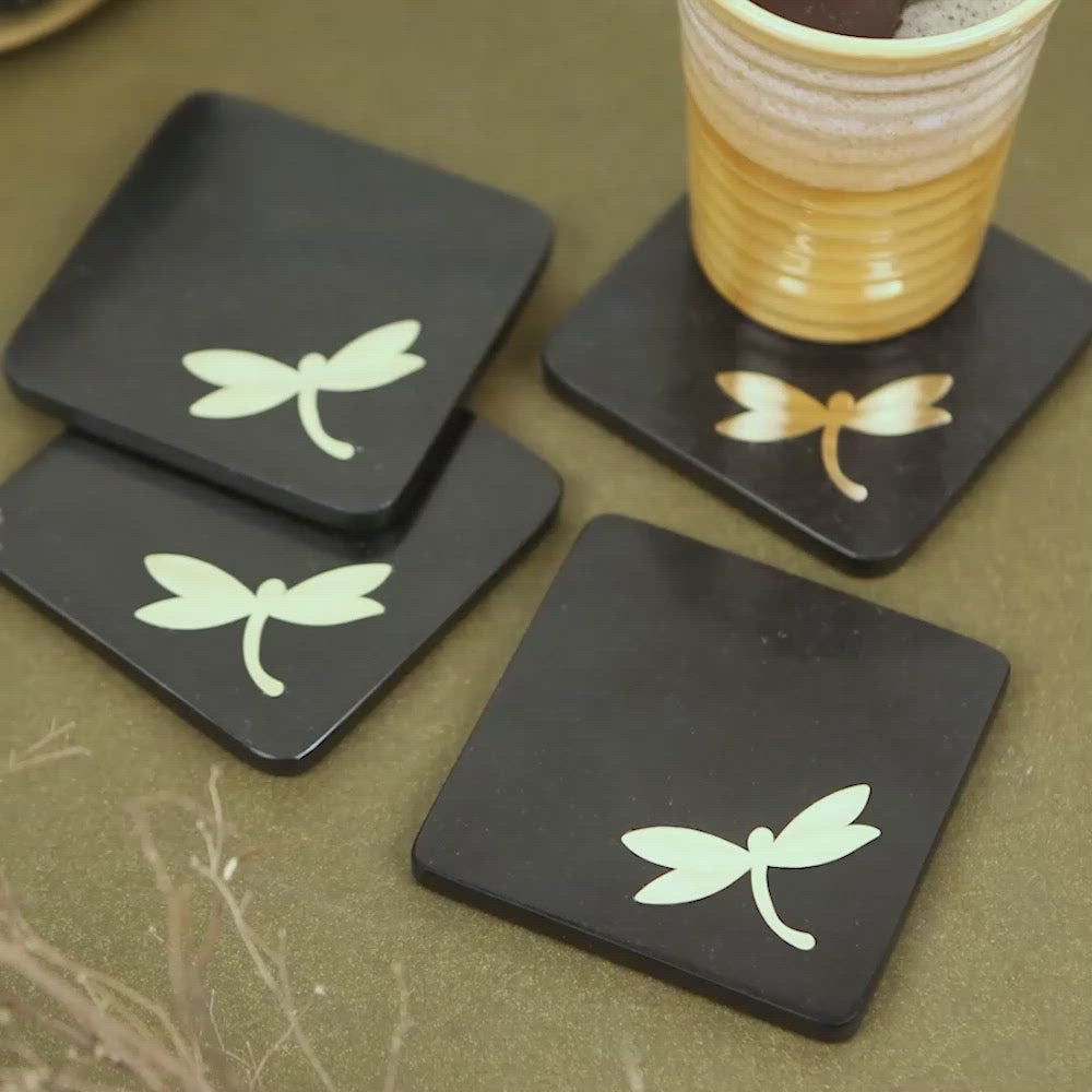 Square Black Stone Coasters with Brass Inlay (Set of 4) – ORVI