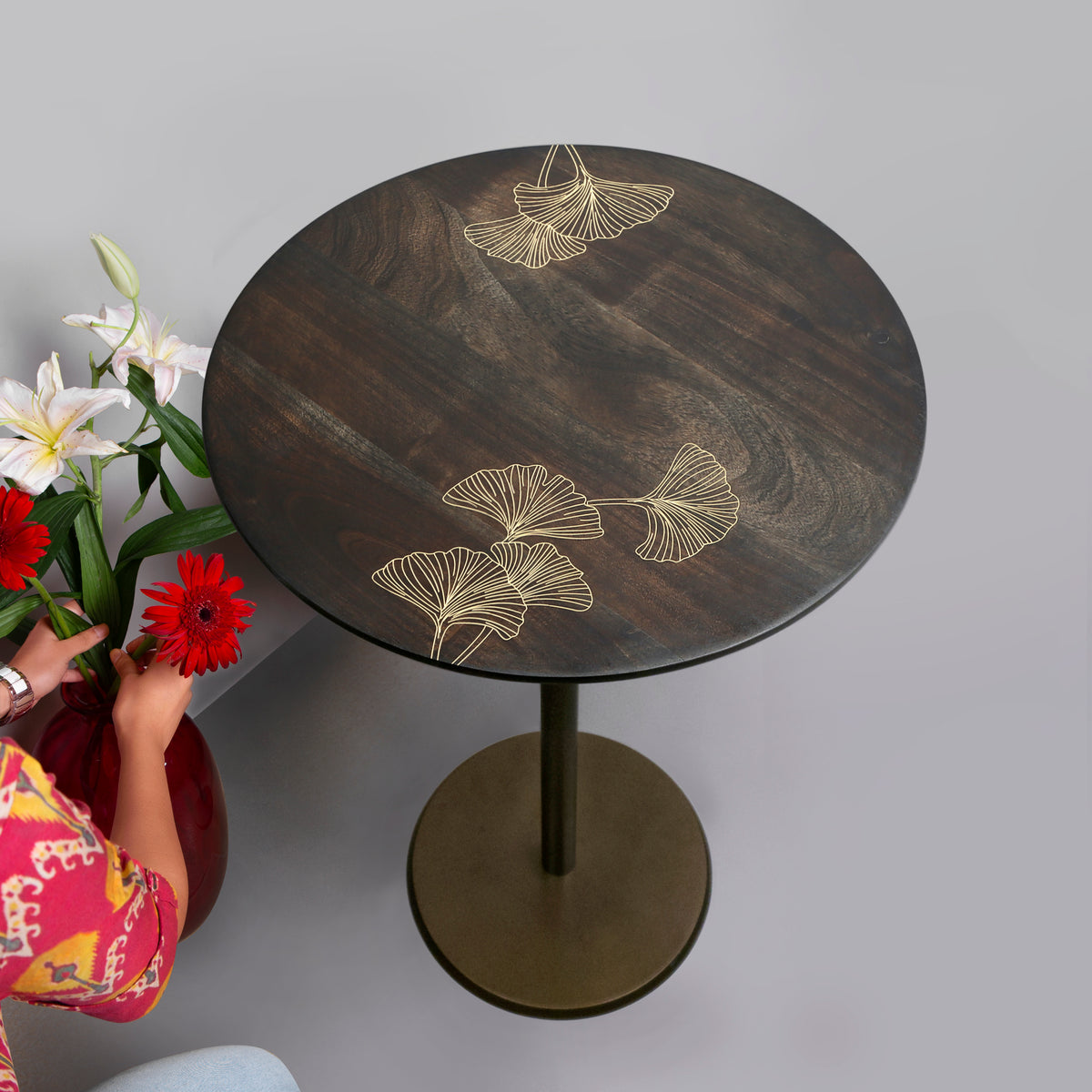 Wood and Brass Accent Table with Tarkashi Art – ORVI